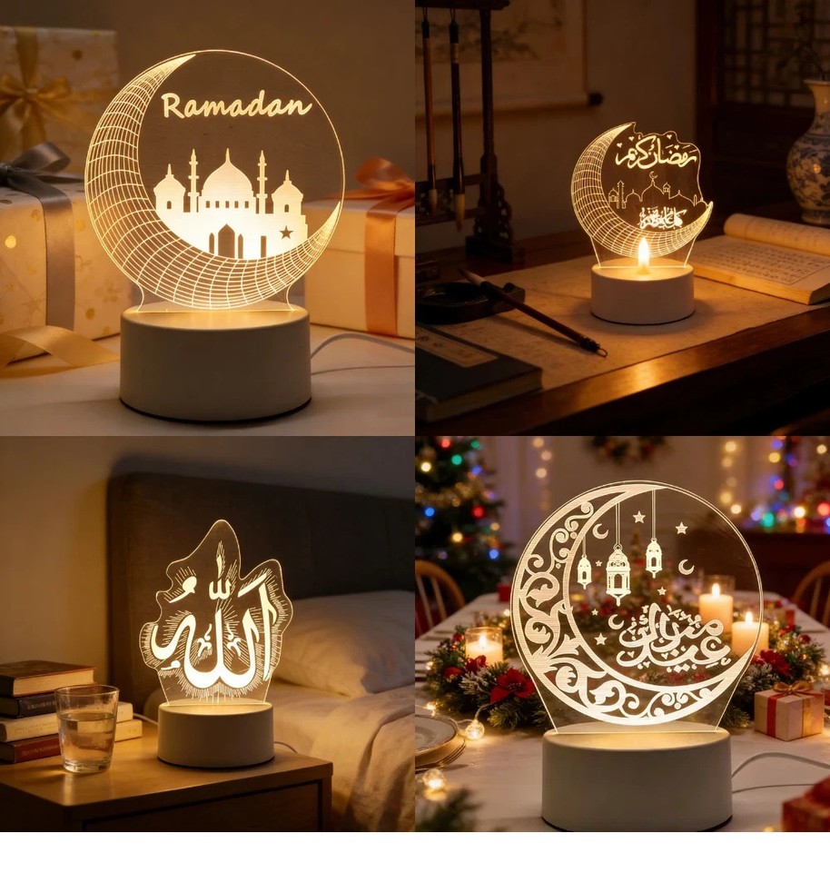 Ramadan Eid Mubarak LED Light Wooden Lantern Lamp Muslim Ornament Party ...