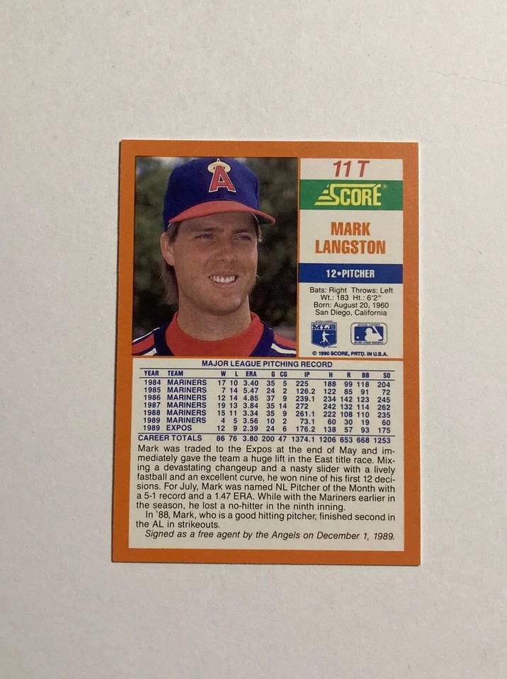 1990 Score Rookie And Traded Baseball #11T Mark Langston Angels Pitcher ...