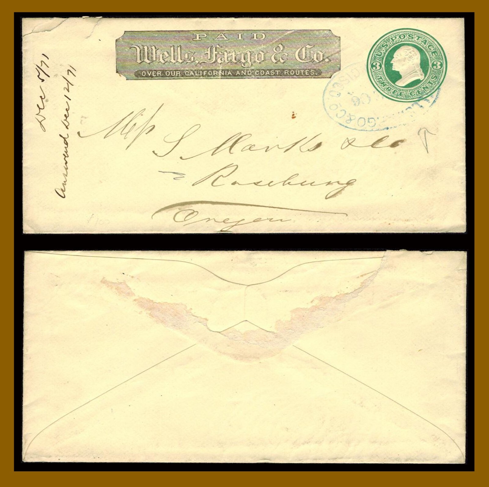 USA Paid Wells Fargo 3c Postal Envelope San Francisco California Used ...