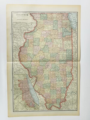 Antique 1901 Illinois Map 14” X 22” Chicago George F. Cram | eBay