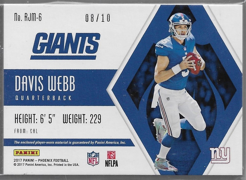 2017 Panini Phoenix Davis Webb Player Worn Patch RC 08/10 New York ...