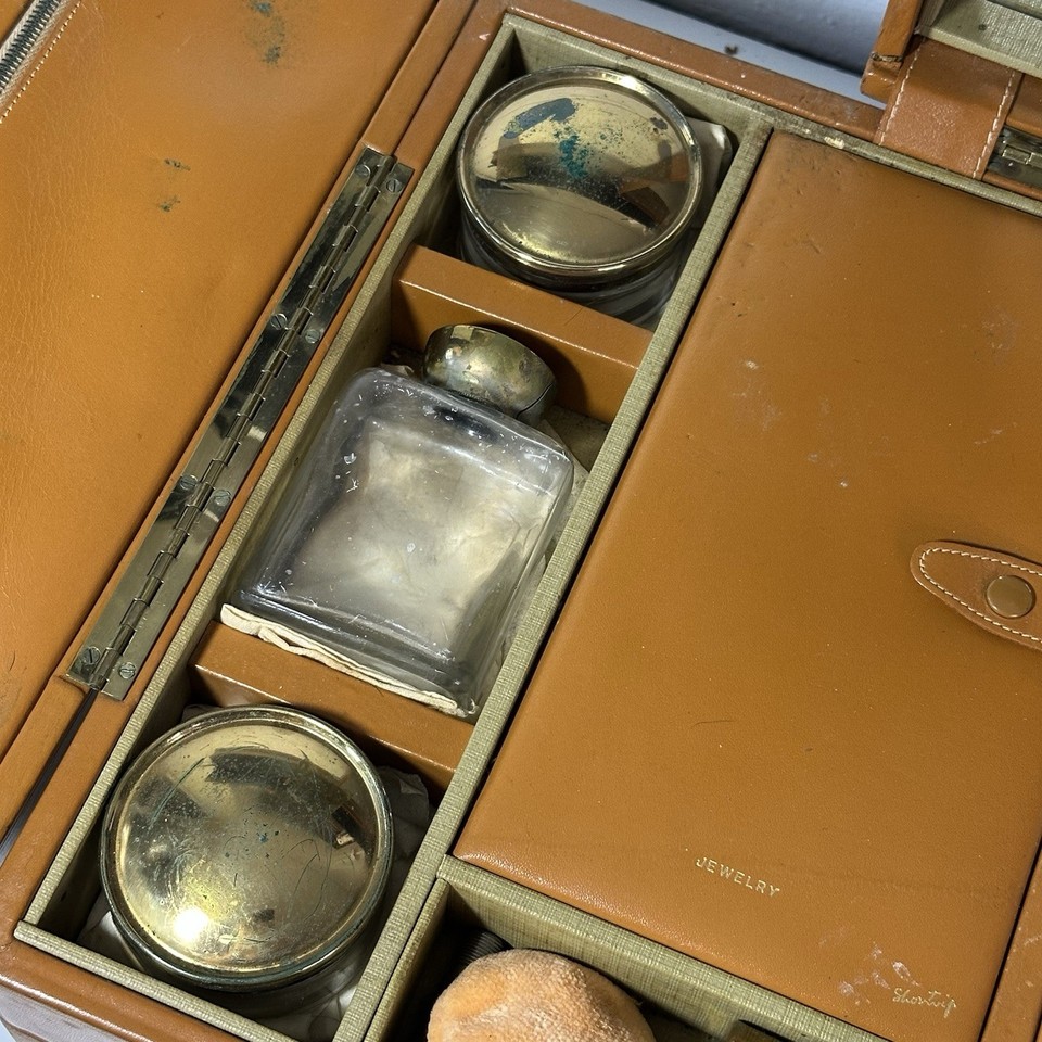 Vintage Brown Leather Jewelry Train Case Box Complete W/ Bottles Short ...