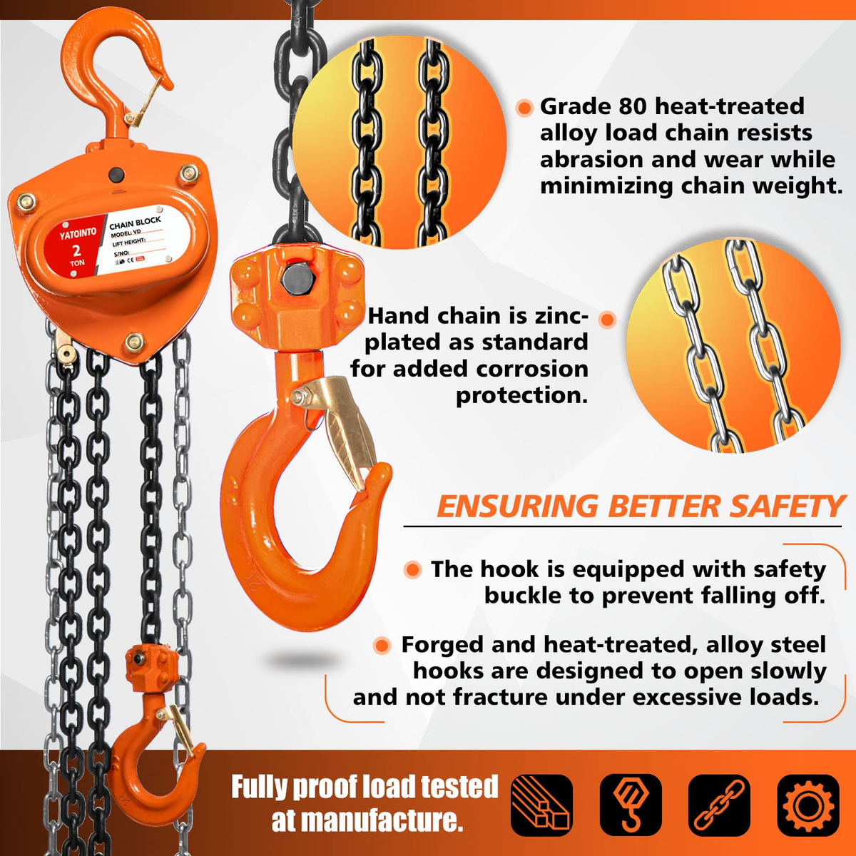 1 Ton Chain Hoist Chain Hoist 4400lbs 2T Capacity 10ft WIth 2 Heavy ...