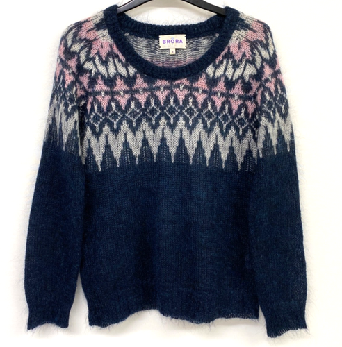 Brora Mohair Sweater UK 6-8-10 Navy Pink Fair Isle 174 | eBay UK