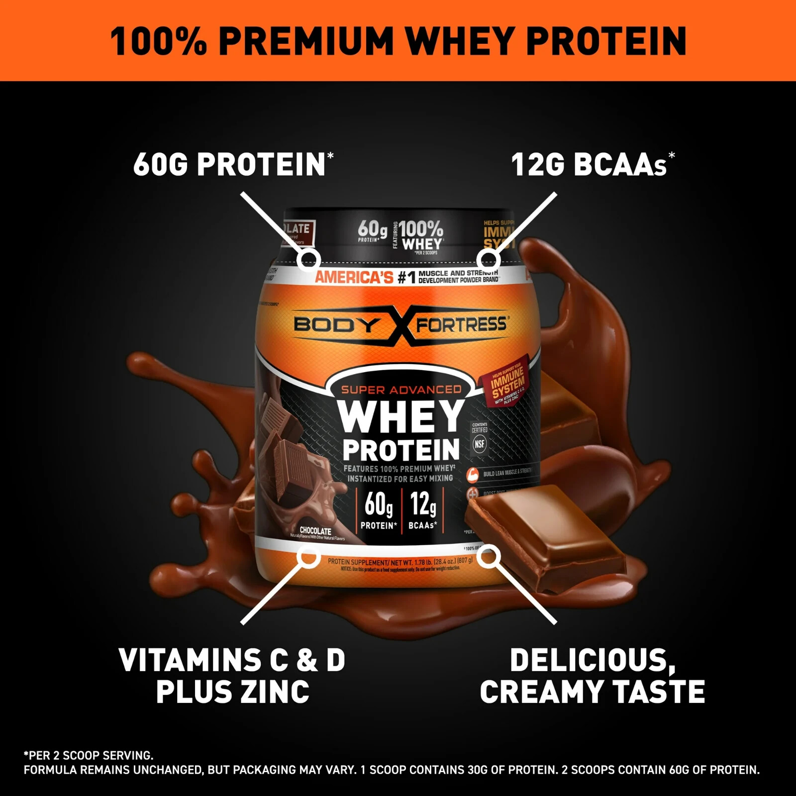 Body Fortress Super Advanced Whey Protein Powder, Chocolate, Immune ...