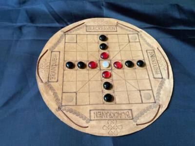 Brandubh (Irish version of Hnefatafl), leather gameboard with glass ...