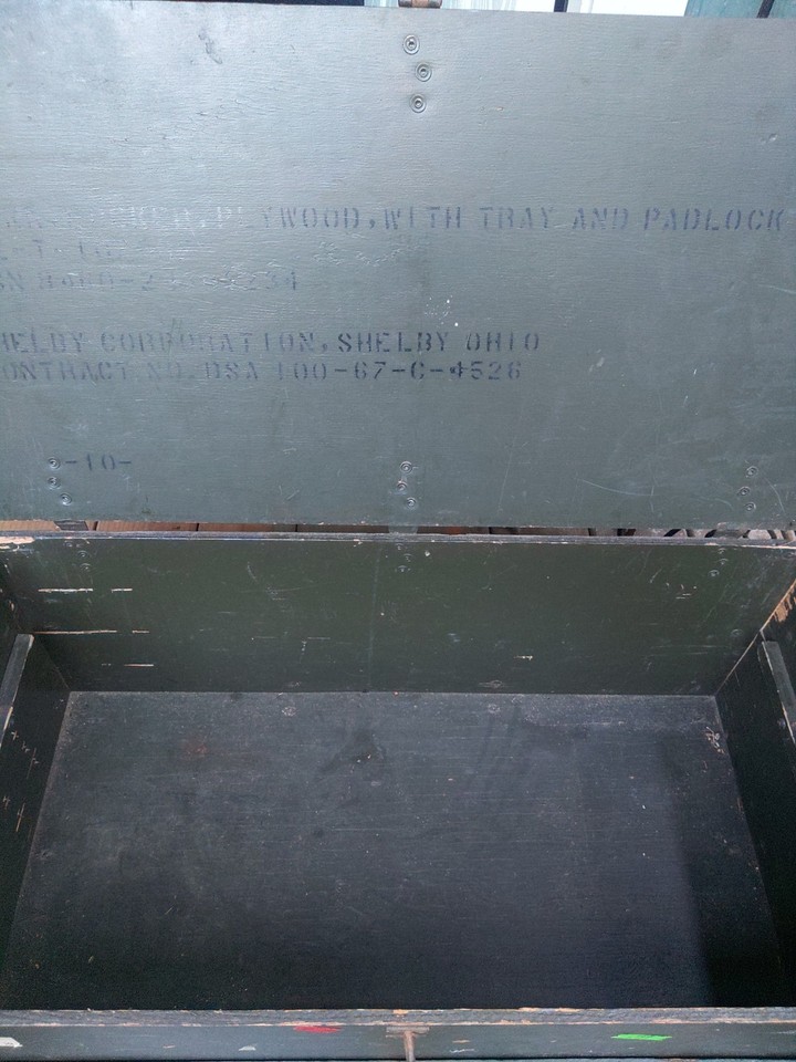 Vintage Military FOOT LOCKER w Tray Wood Trunk chest storage green box ...