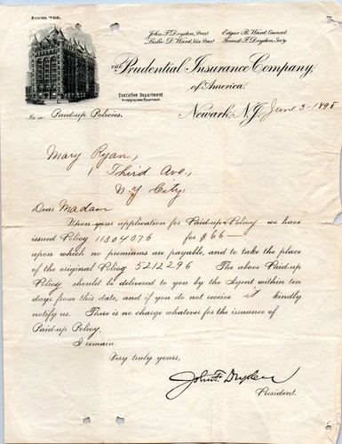 1898 Prudential Insurance Company Letterhead Newark NJ Vignette Mary ...