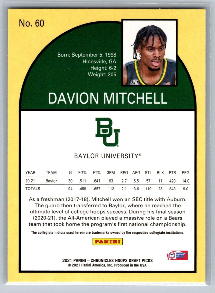 2021 Chronicles Hoops Draft Picks Basketball #60 Davion Mitchell Baylor ...