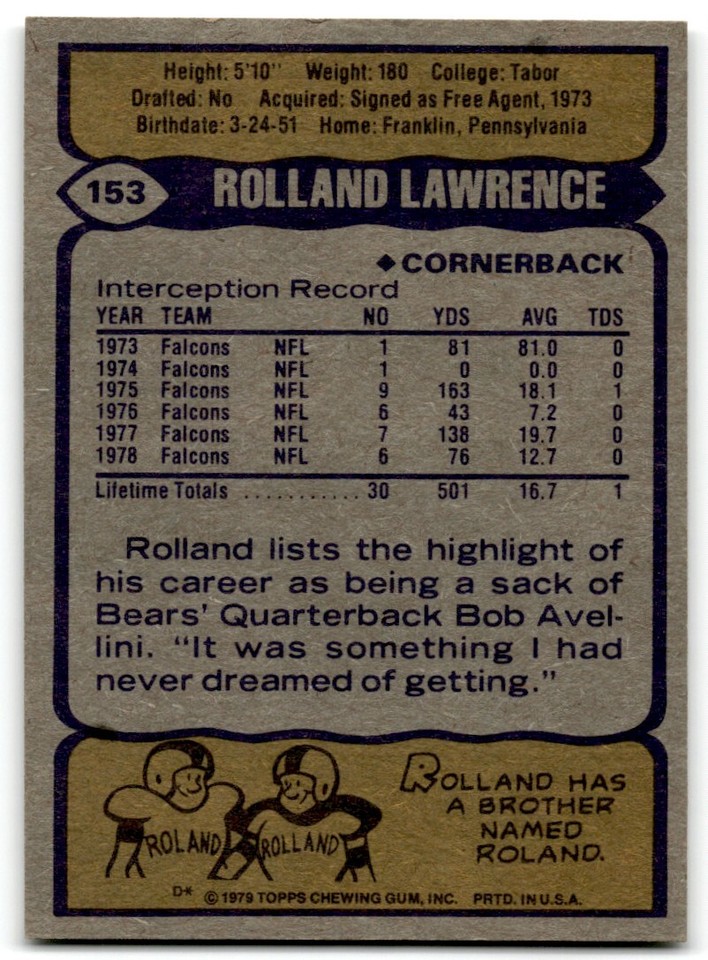 1979 Topps Rolland Lawrence Atlanta Falcons #153 | eBay