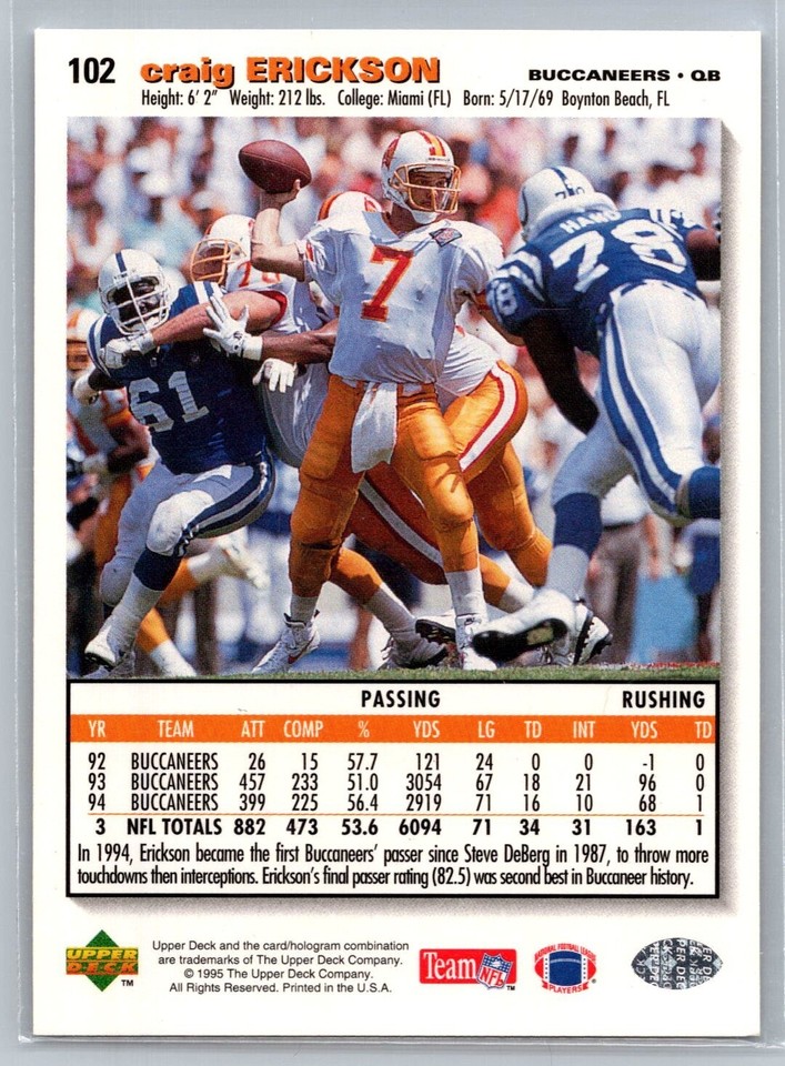 1995 UPPER DECK COLLECTOR'S CHOICE CARD #102 Craig Erickson-Tampa Bay ...
