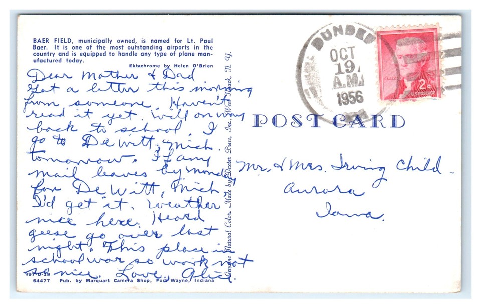 1956 Fort Wayne, IN Postcard- BAER FIELD Municipal AIRPORT Tower | eBay