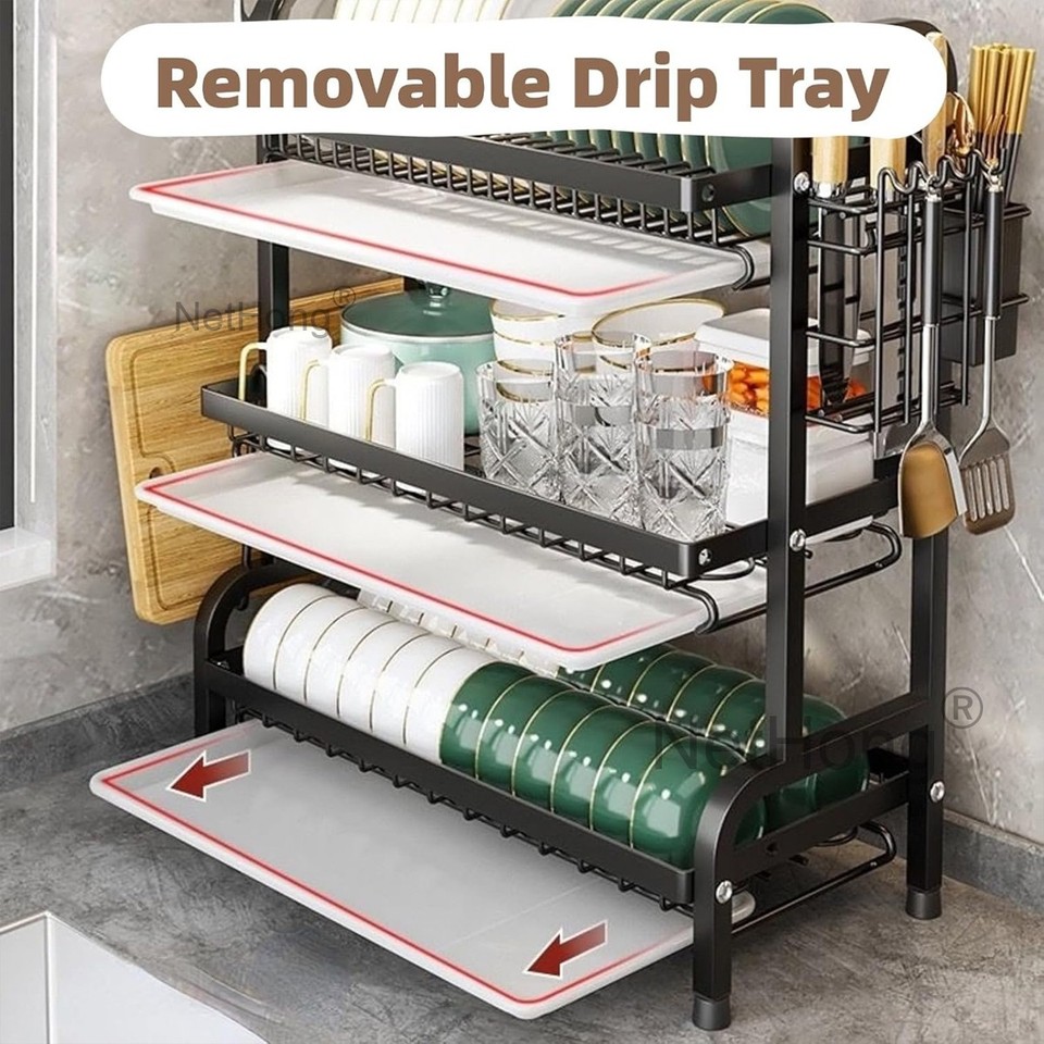 3 Tier Kitchen Sink Dish Drainer Rack with Drip Tray Cutlery Holder ...