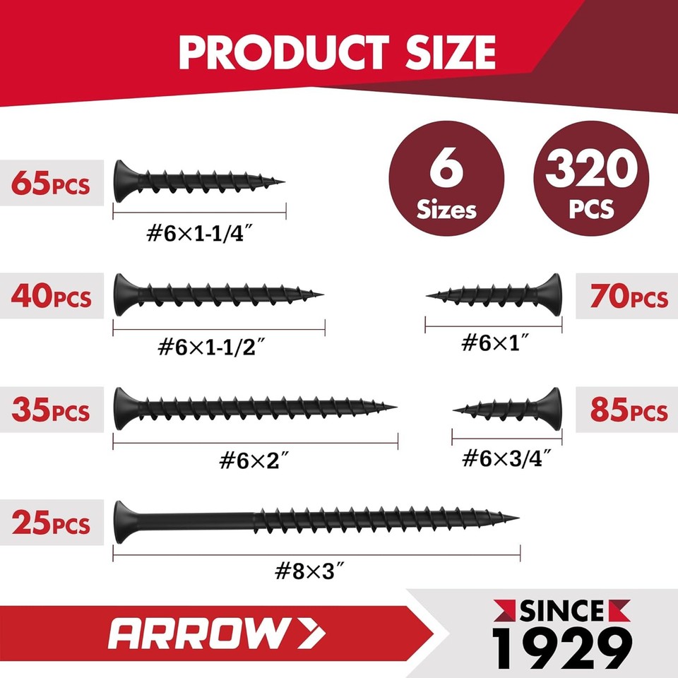 Arrow 320PCS Drywall Screws Assortment Kit Black Wood Screws Phillips ...
