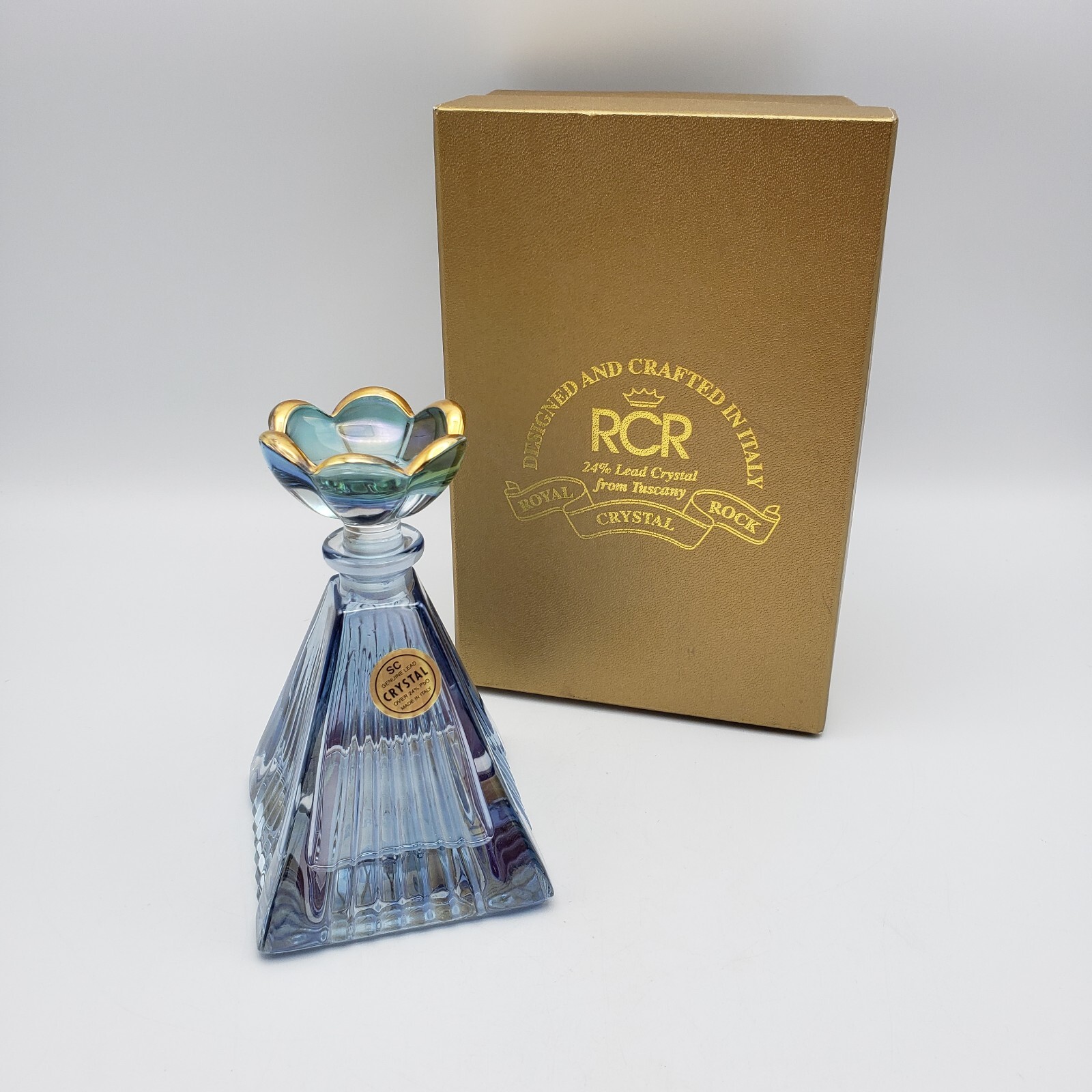 RCR 24% Lead Crystal Triangular Perfume Bottle w/ Floral Stopper ...