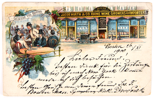New York, 1900 Back Bay Station flag MC on UX12 GPC. Wine ad, Jacob ...