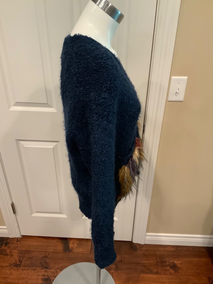 Zara Dark Blue Knit V-Neck Sweater Multicolor Faur Fur Trim Pockets ...