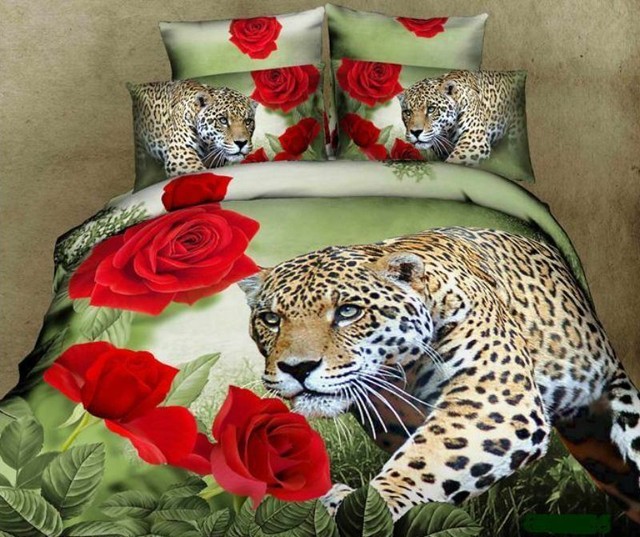 Queen Size Duvet Cover Bedding Set In Exotic 3d Leopard And Red Rose