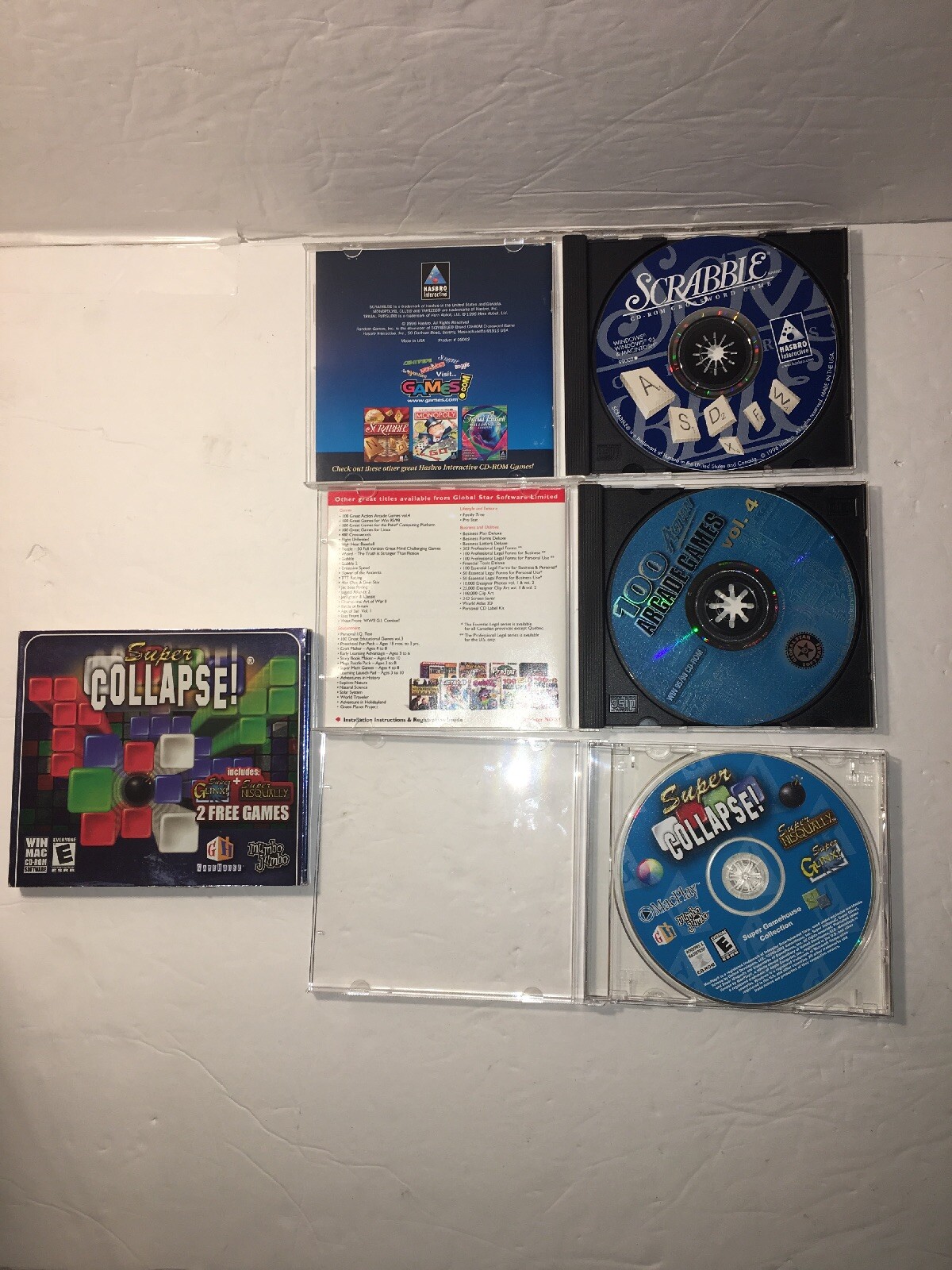 Lot of 3 Vintage CD-ROM PC Games SCRABBLE SUPER COLLAPSE 100 ACTION ...