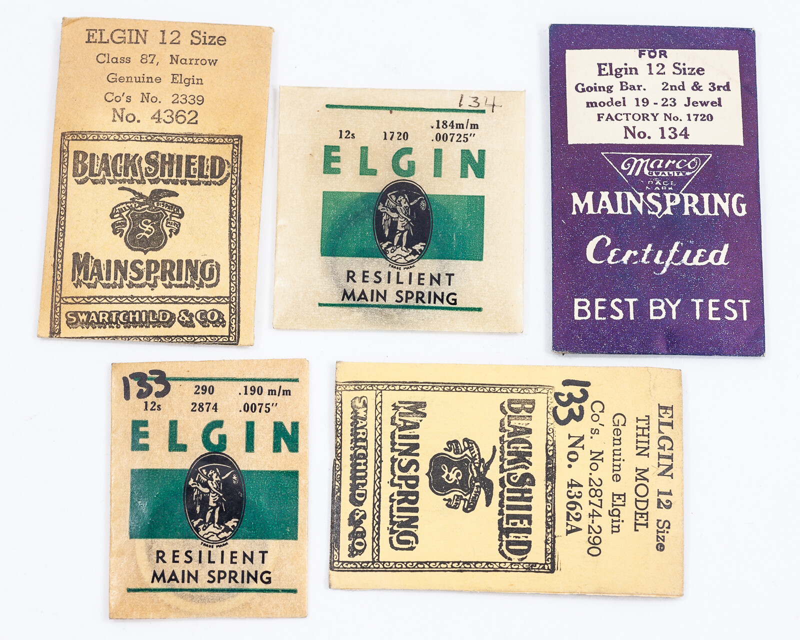 Group of 5 Vintage Elgin 12s Mainsprings by Elgin, Marco, and ...