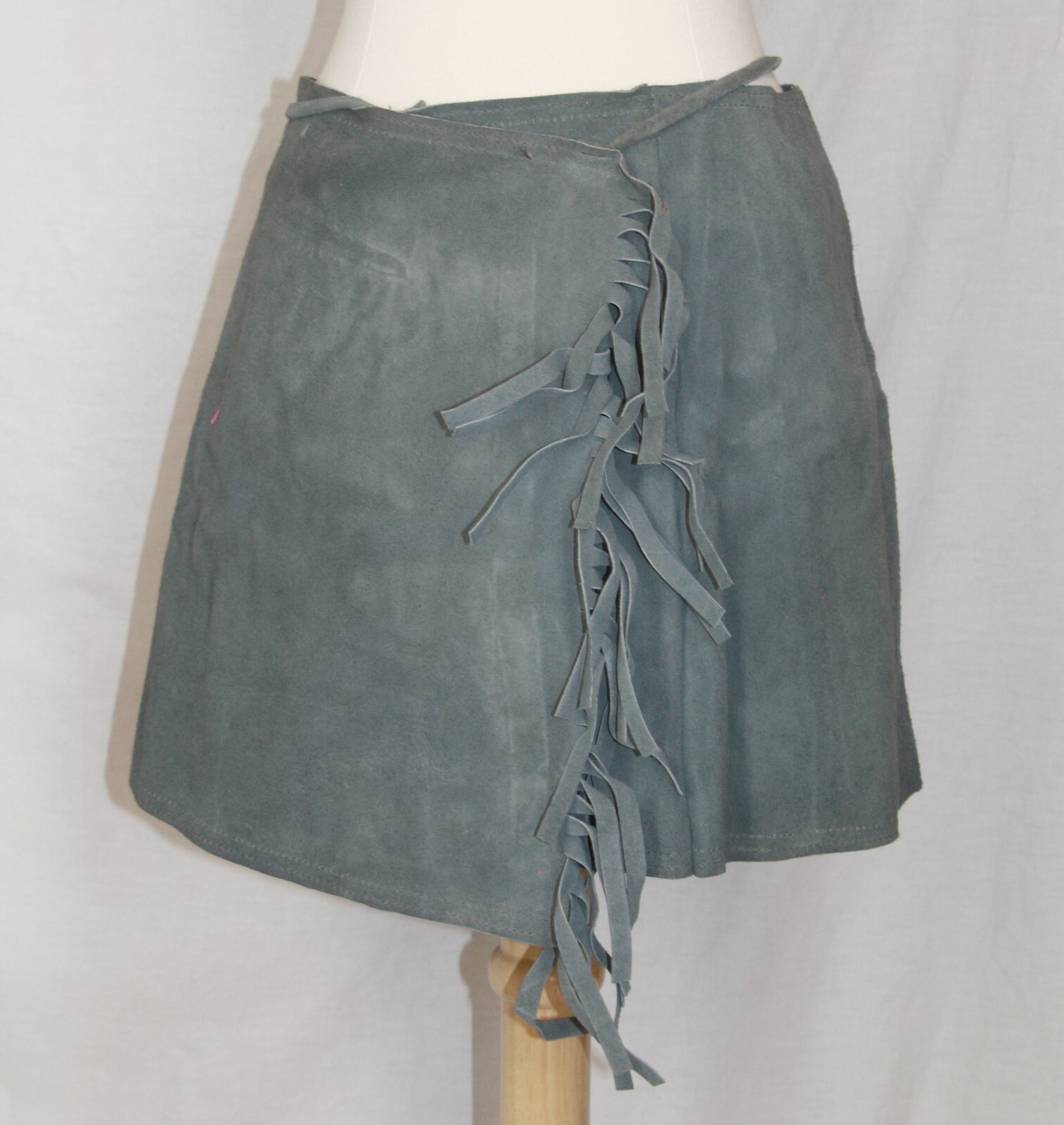 Vintage real suede wrap mini skirt fringe fringed blu… - Gem