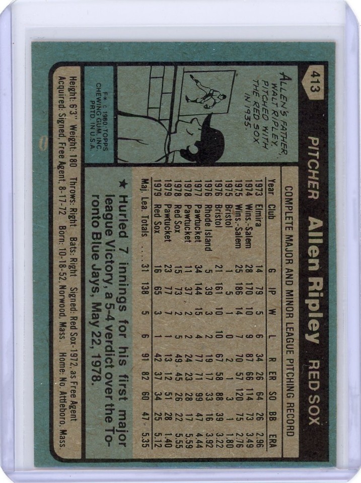1980 TOPPS ALLEN RIPLEY #413 NM-MT TO MINT SET BREAK RED SOX | eBay