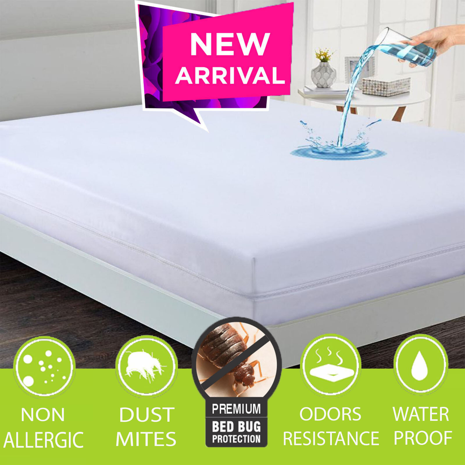 Waterproof Zipped Mattress Cover Protector Anti Bed Bug Zip Encasement ...