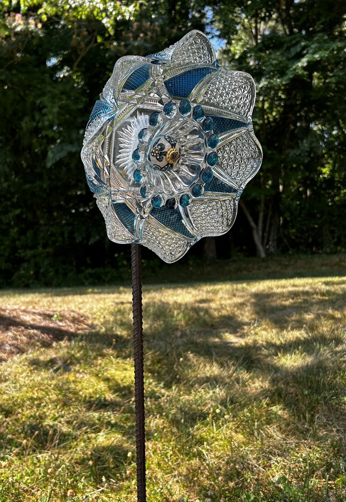 Handpainted Turquoise & Clear Glass Garden Flower Repurposed Suncatcher ...