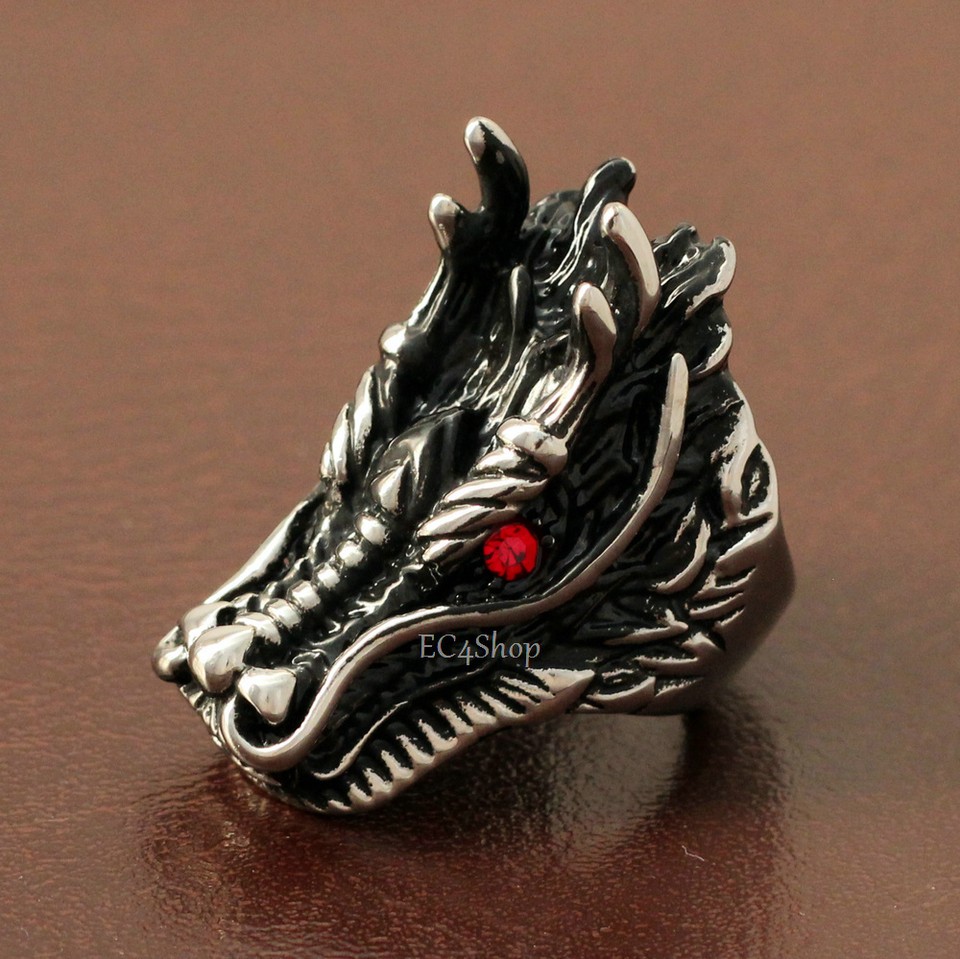 Men's Wide 3D Chinese Zodiac Dragon Head Ruby CZ Crystal EyeStainless ...
