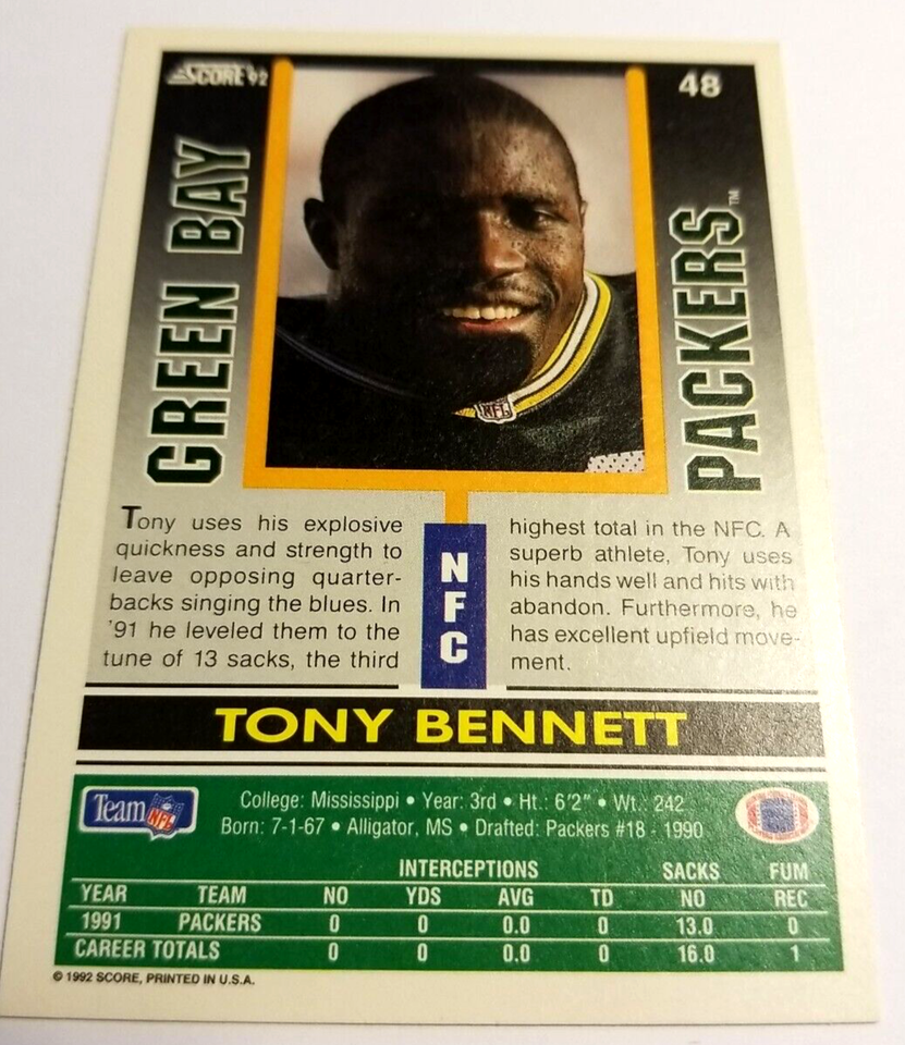 TONY BENNETT GREEN BAY PACKERS 1992 SCORE #48 AUTOGRAPH FOOTBALL CARD ...