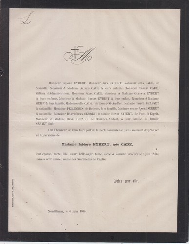 1876 Faire-part décès Mme Isidore EYBERT née CADE - Montélimar (Drôme ...