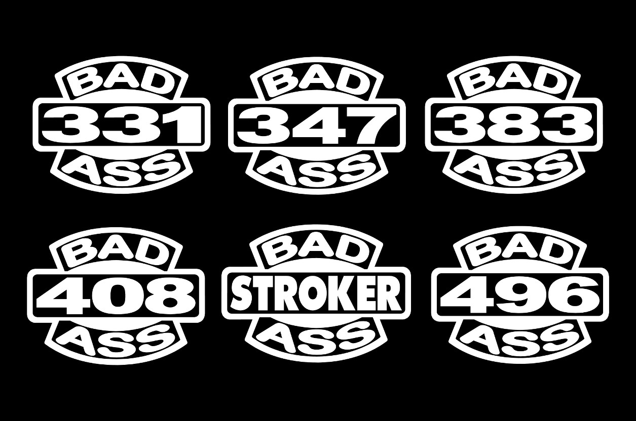 2 BADASS STROKER DECALS V8 331-347-383-408-496 CUBIC INCHES STICKERS ...