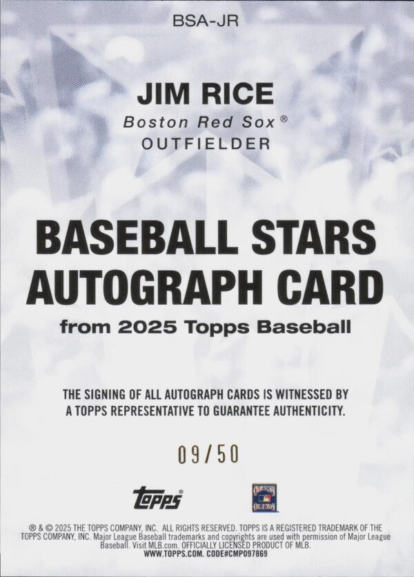 2025 TOPPS STARS AUTOGRAPH GOLD #BSA-JR JIM RICE AUTO 9/50 RED SOX | eBay