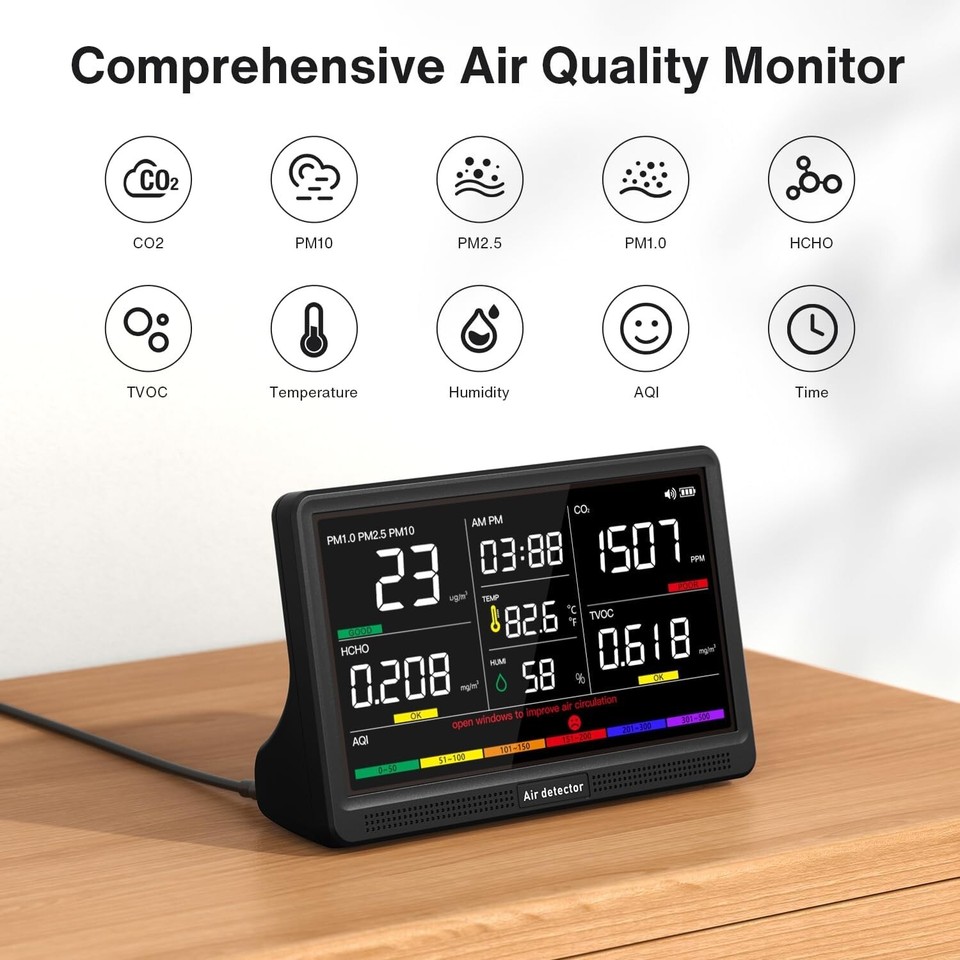 16 in 1 Air Quality Monitor Indoor 7" Display 9 AQI+7 AQI Alerts Air ...