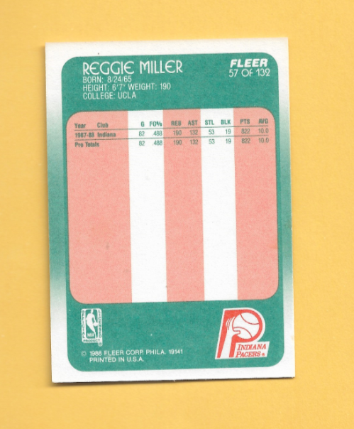 1988-89 Fleer Reggie Miller ROOKIE #57 Indiana Pacers NEAR MINT FREE ...