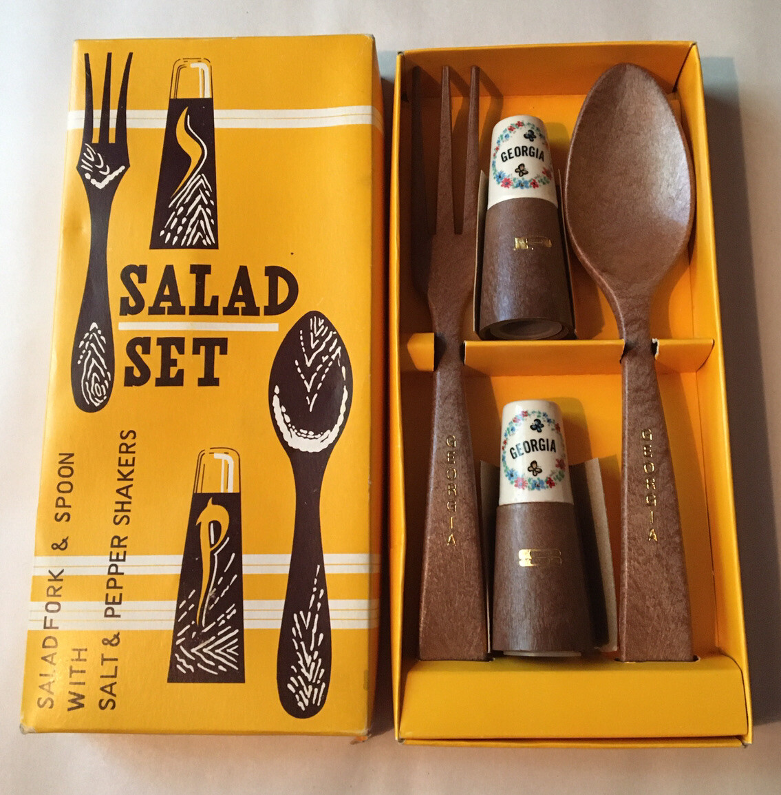 Vintage Salad Set Salt and Pepper Shaker Fork Spoon Georgia Mid Century ...