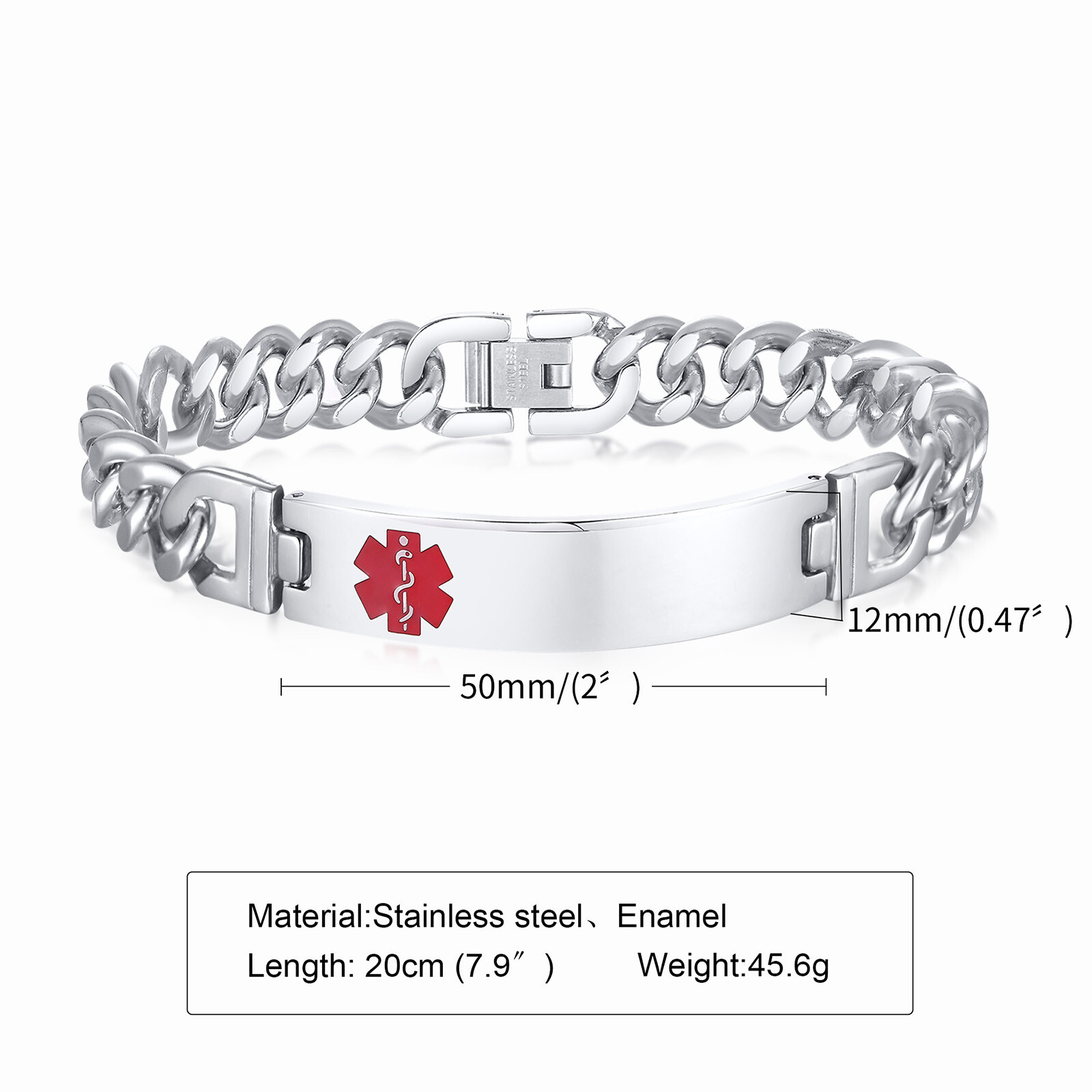 Men Stainless Steel TYPE 2 DIABETES Medical Alert Bracelet Chunky Chain ...