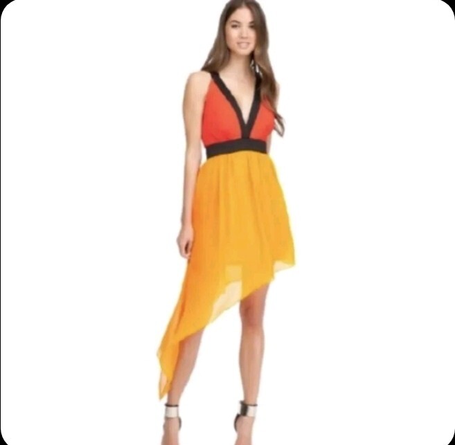 Bebe Asymmetric Orange Black Red Colorblock Hi Low Dress XS Cutout Back ...
