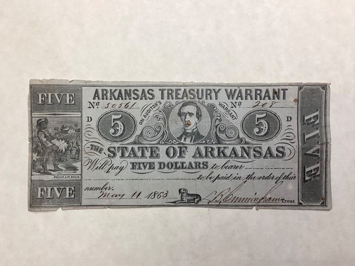 ~1863 State of Arkansas $5 Treasury Warrant - A Civil War Era Note ...