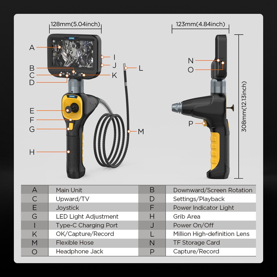 360° Articulating Borescope Endoscope Inspection Camera 4-Way 6 LED ...