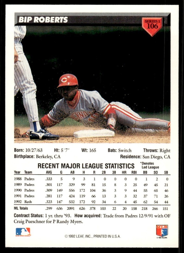 1993 Donruss Baseball Card Bip Roberts Cincinnati Reds #106 | eBay