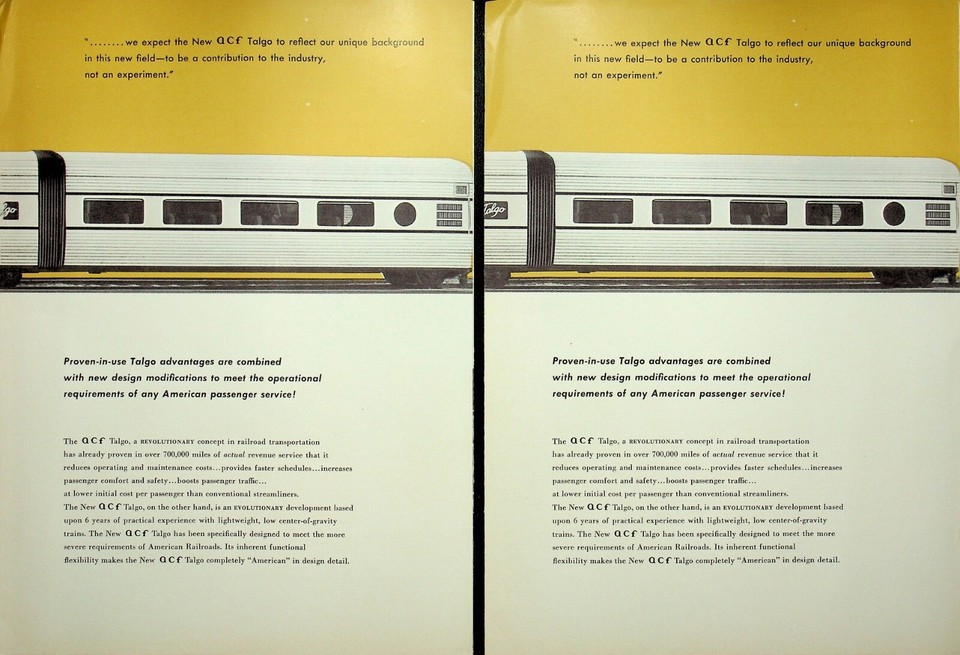 TWO 1950 ACF ALL NEW TALGO AMERICAN CAR & FOUNDRY ADVERTISING PULLOUTS ...