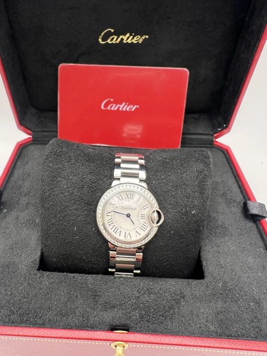 Cartier Ballon Bleu 28mm Factory Diamond Bezel W4BB0015 Silver Dial Box ...