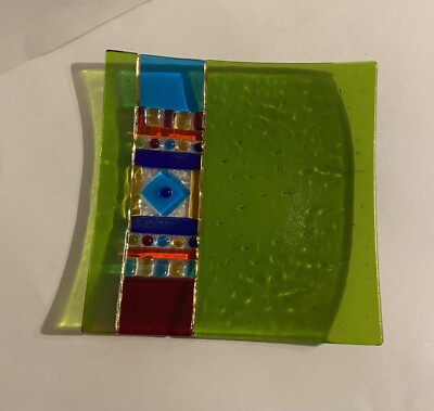 Vintage K. Hudson Signed Fused Art Glass 8” Trinket Decorative Square ...