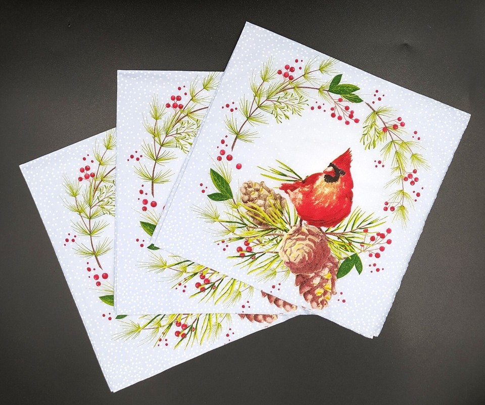 Q630# 3 x Single Paper Napkins Decoupage Red Cardinal Bird On Christmas ...