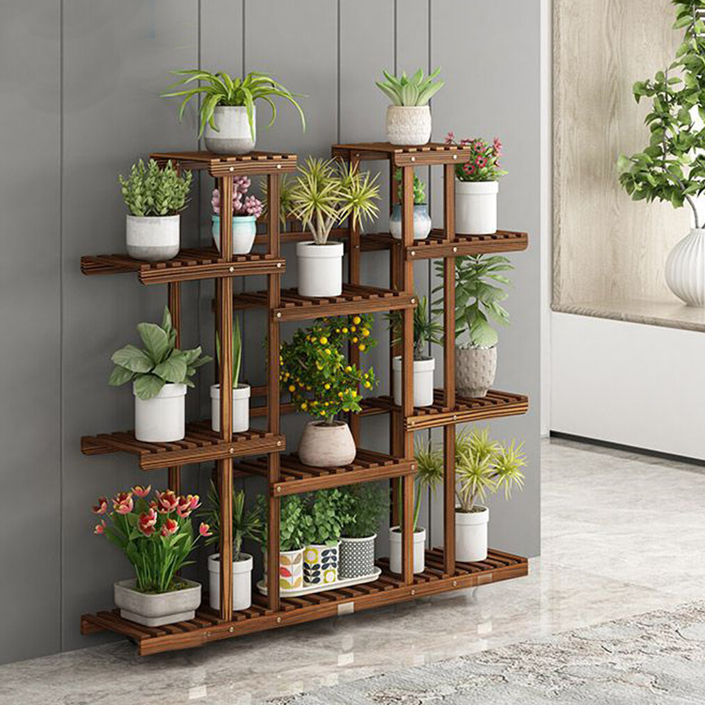 Extra Large 11Tier Wood Plant Stand 46" Tall Carbonized 17 Pot Flower ...