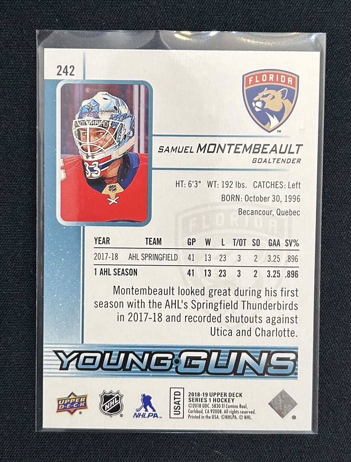 2018-19 Samuel Montembeault Young Guns Rookie RC # 242 Upper Deck UD ...