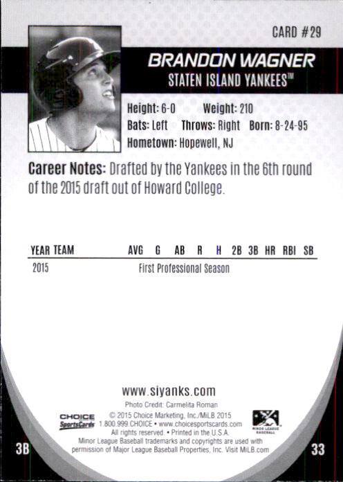 2015 Staten Island Yankees Choice #29 Brandon Wagner Hopewell New ...
