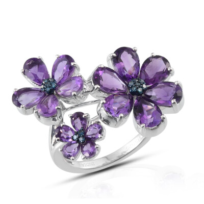 Natural Amethyst & Dia Flower Ring in Plat Over Sterling Silver(Sz 8) 8 ...