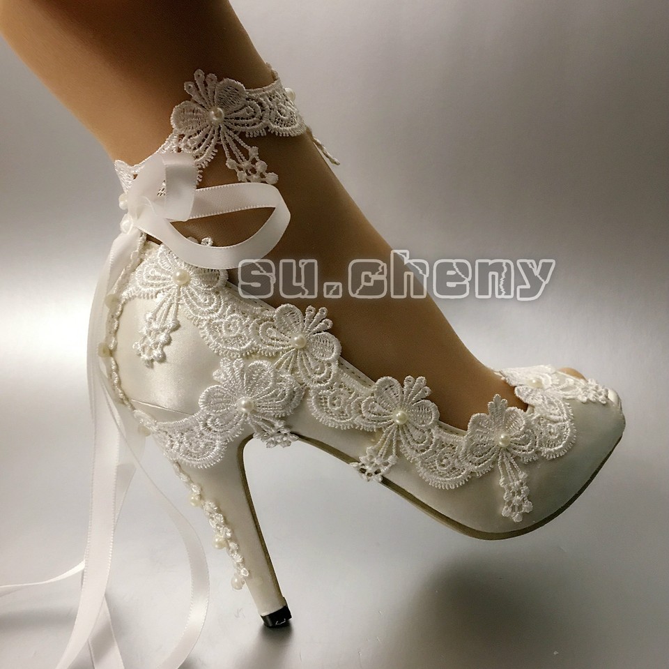 su.cheny Ribbon anklet white ivory satin open toe heel Wedding Bridal ...